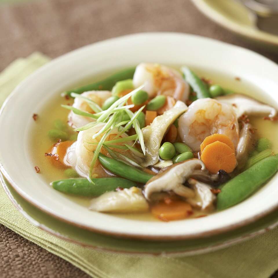 Are healthy soups made from fish shellfish or vegetables?
