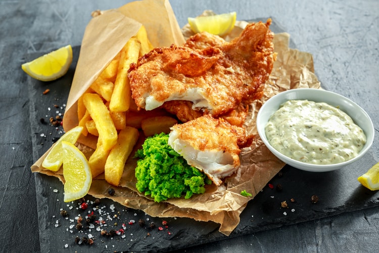 Do British eat fish and chips with tartar sauce?