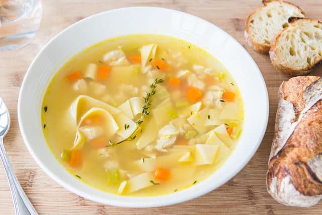 Does chicken noodle soup Use broth or stock?