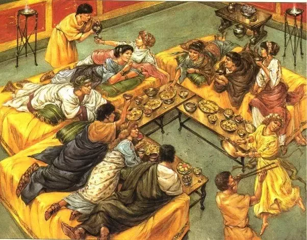 How did Romans recline while eating?