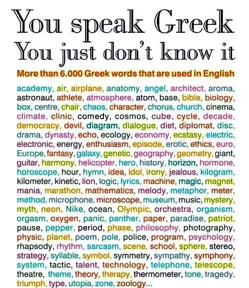 How did the English language get its words from the Greek?