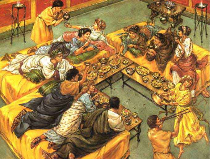 How did the Romans eat at a banquet?