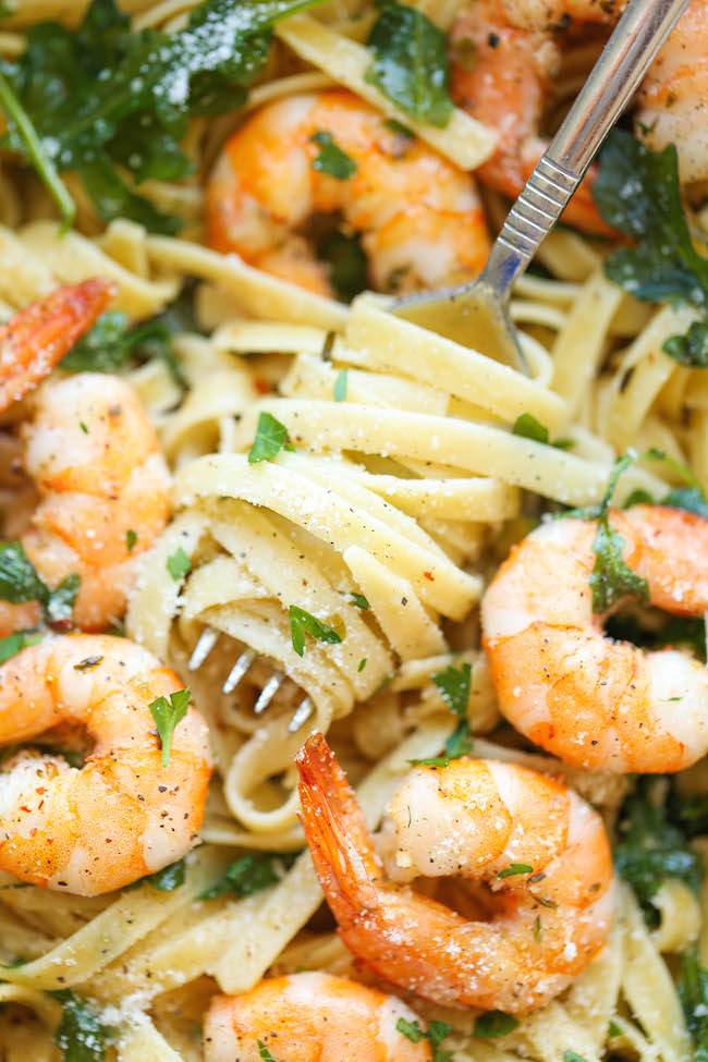 How do you add cooked shrimp to pasta?