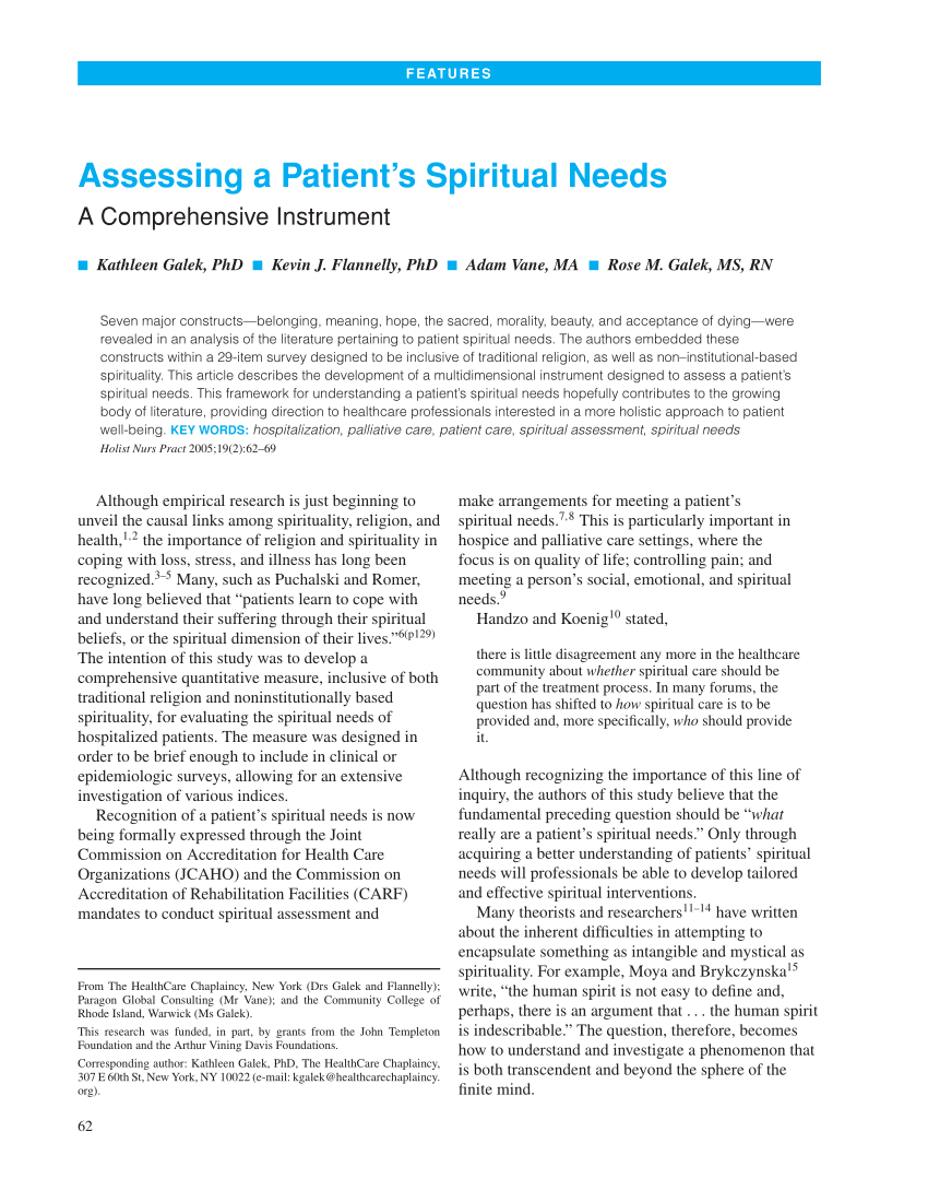 How do you assess a patient's spiritual needs?