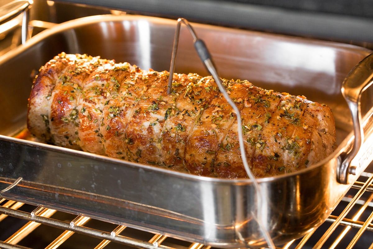 How do you cook a pork loin roast in a pan?