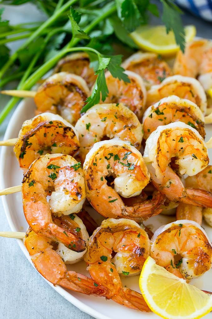 How do you cook shrimp skewers on a gas grill?