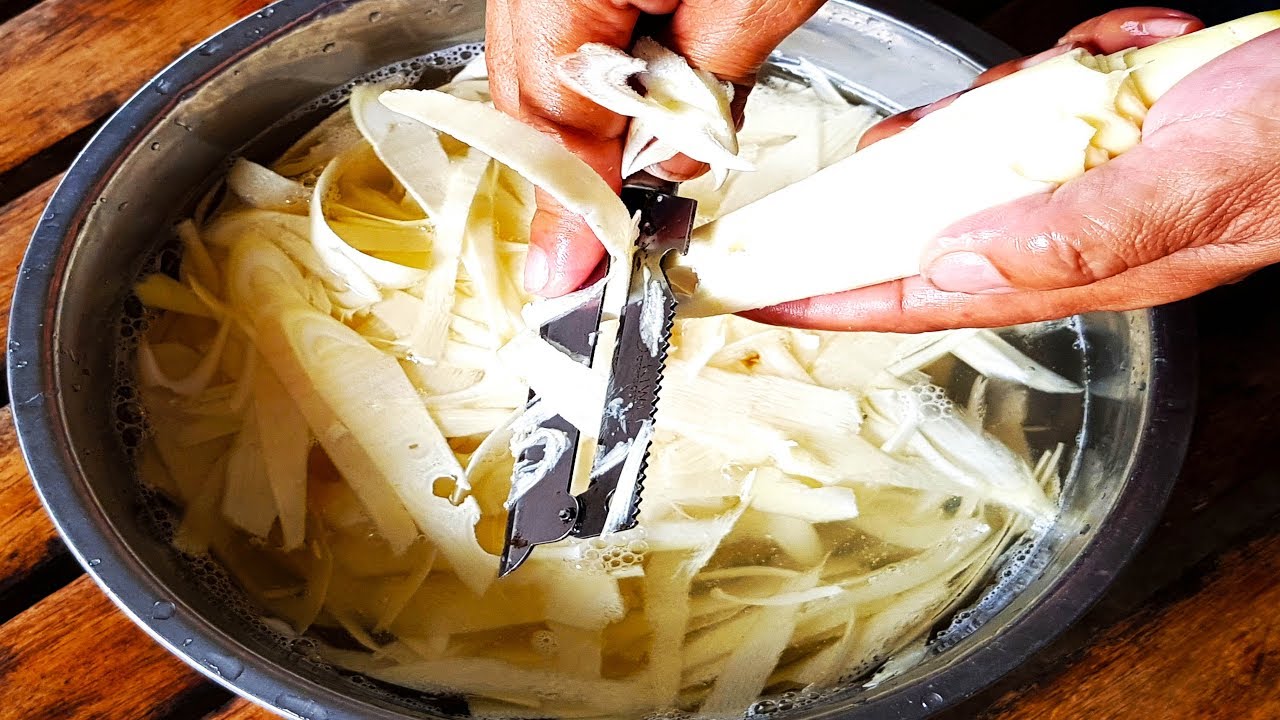 How do you cut bamboo shoots for cooking?