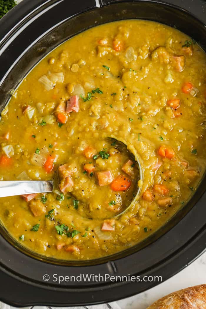 How do you thicken split pea soup in a slow cooker?