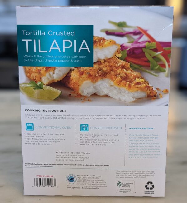 How many calories are in a Costco tortilla crusted tilapia?