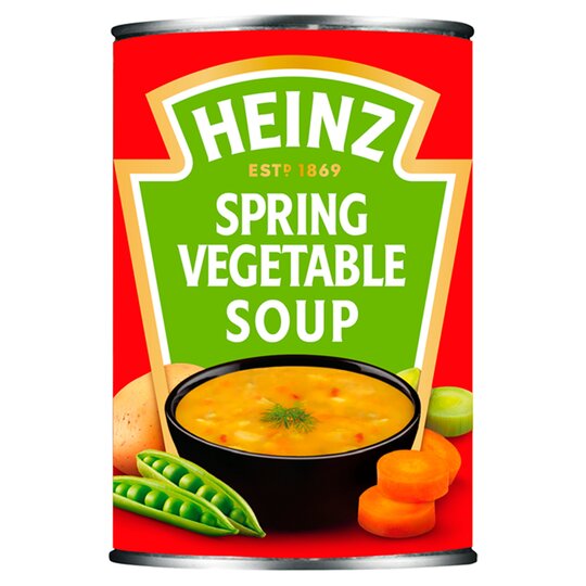 How many calories are in a tin of Heinz spring vegetable soup?