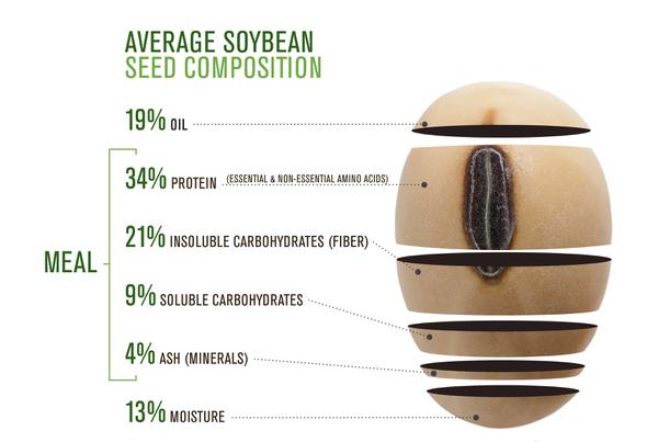 How much soybean meal is in a bushel of soybeans?