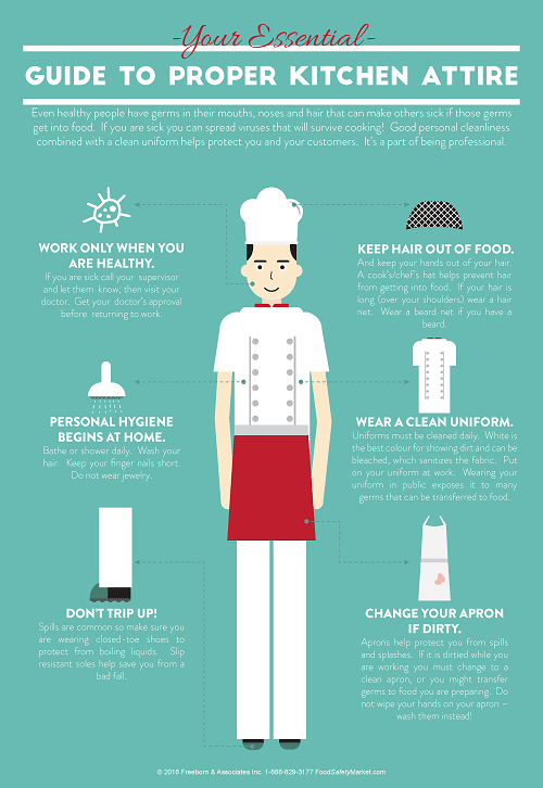 How should you dress while working in the kitchen?