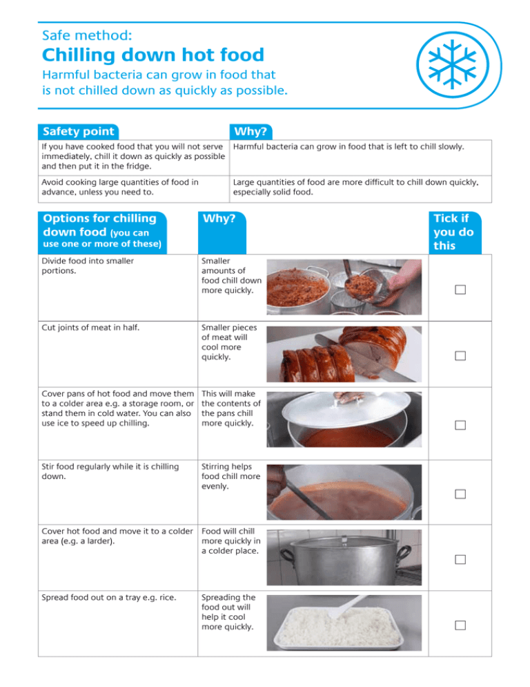 How should you safely cool large amounts of hot food?