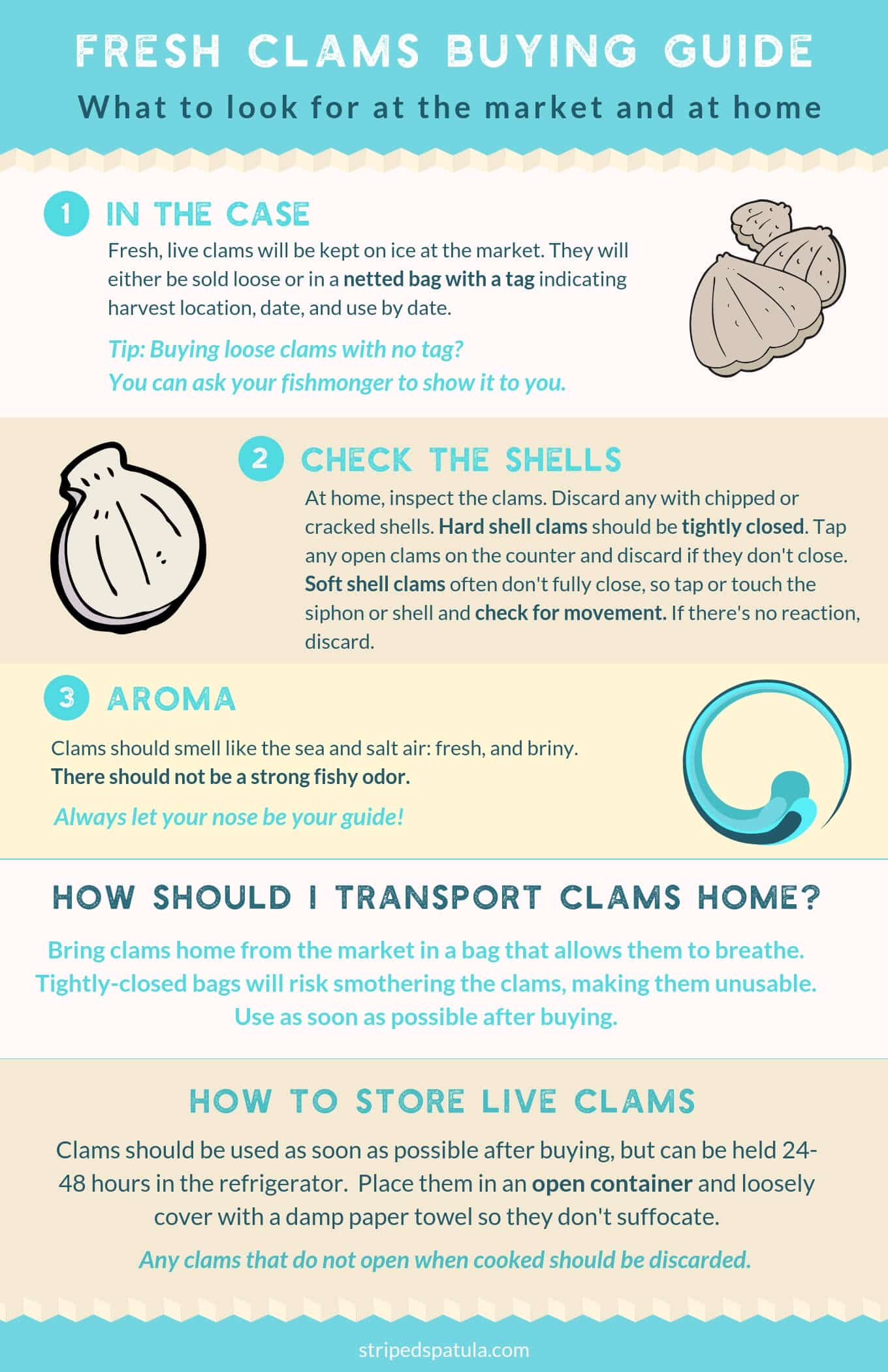 Should fresh clams be stored in water?
