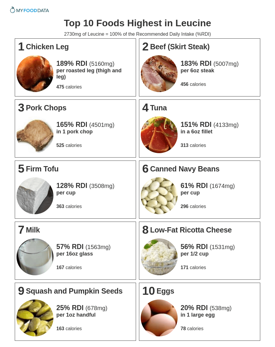 What are 4 protein sources that are high in leucine?