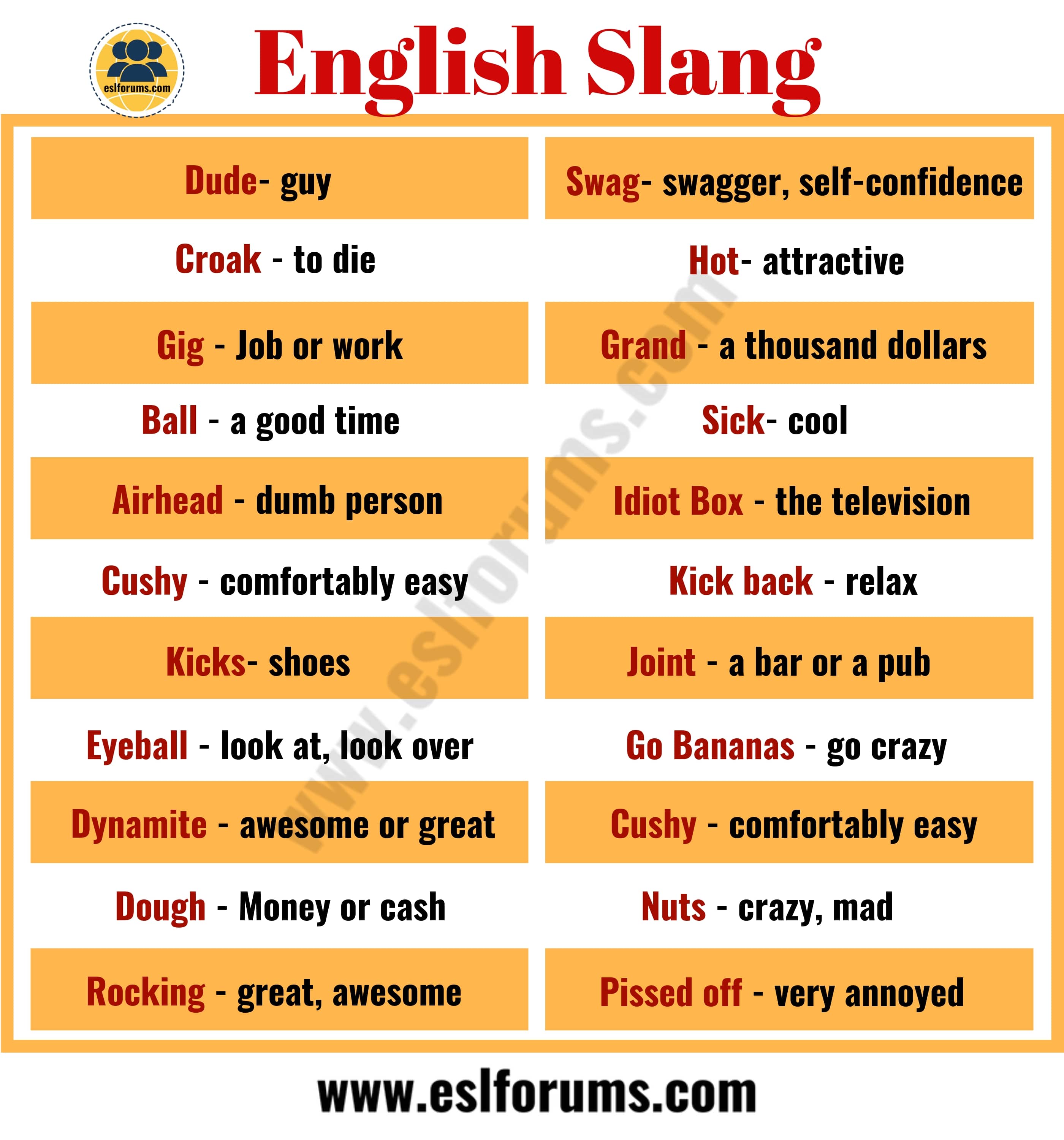 What are 5 slang terms?