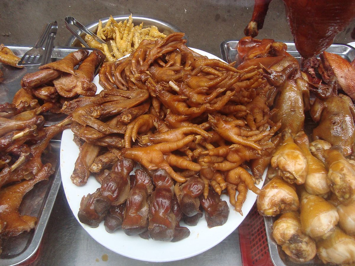 What are cooked chicken feet called?