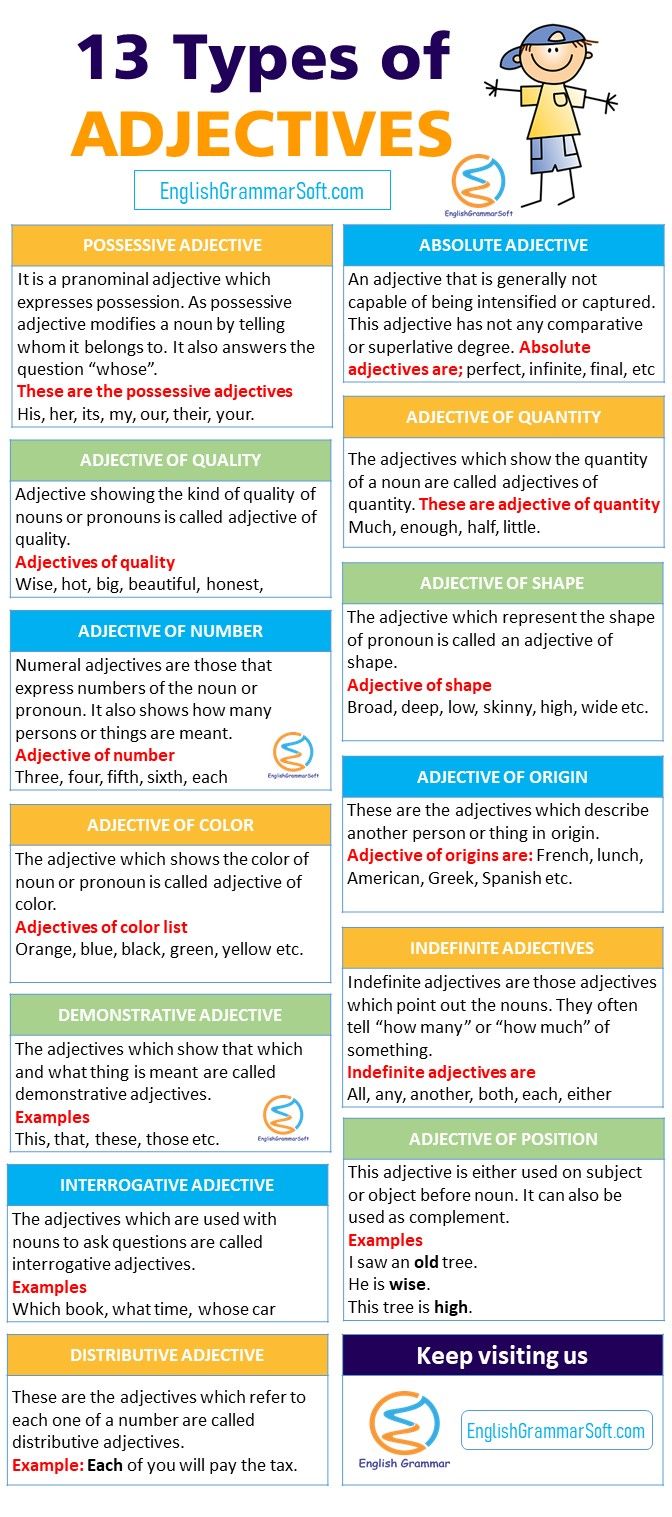 What are the 13 types of adjectives?