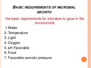 What are the 3 requirements for bacteria to grow?