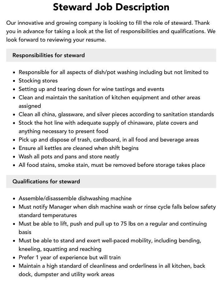 What are the 4 main duties of a steward?