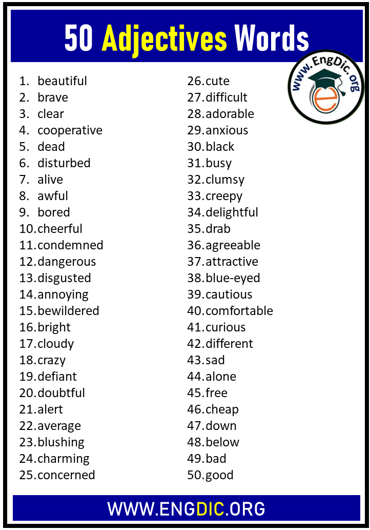 What are the 50 examples of adjectives?