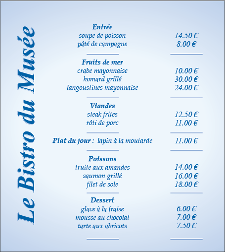 What are the different types of menus in France?