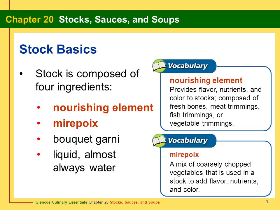 What are the four ingredients of stock?