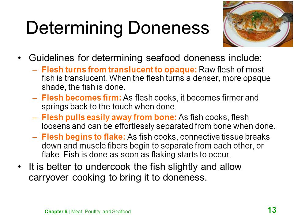 What are the four methods to determine doneness in fish?
