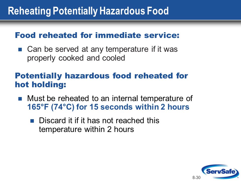 What are the minimum and recommended internal temperatures for reheating potentially hazardous foods?