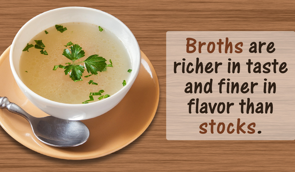 What are three key differences between a stock and a broth?