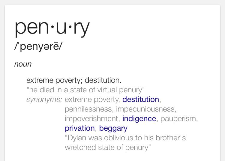 What does penury mean in the dictionary?