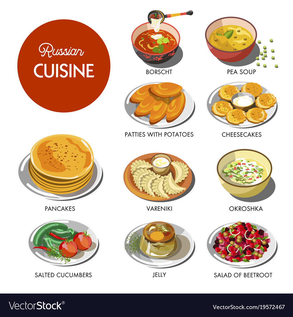 What does Russian cuisine consist of?