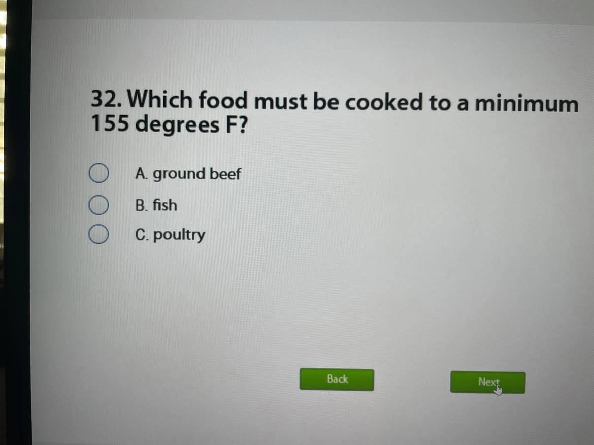 What foods must be cooked to a minimum of 155 degrees?