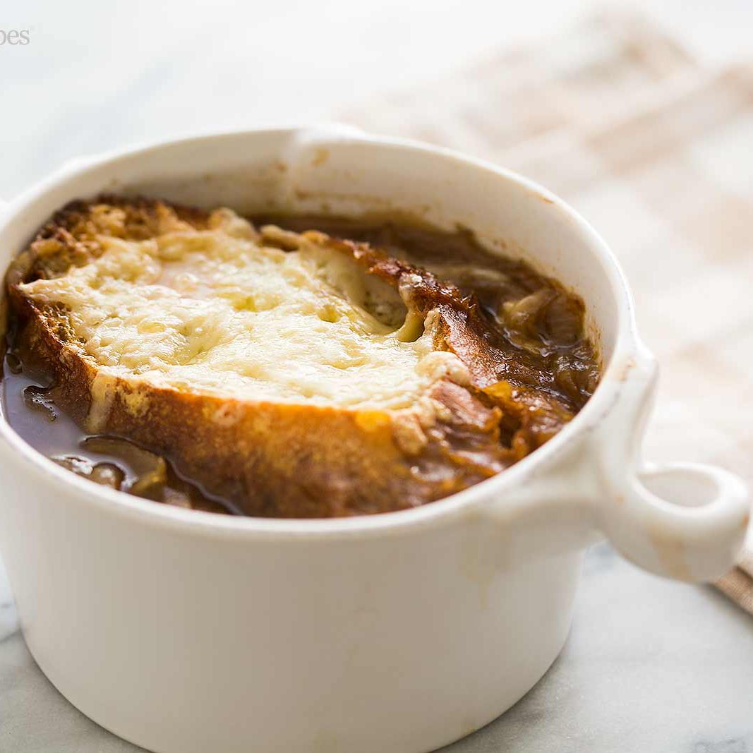 What is a caramelized onion soup made of?