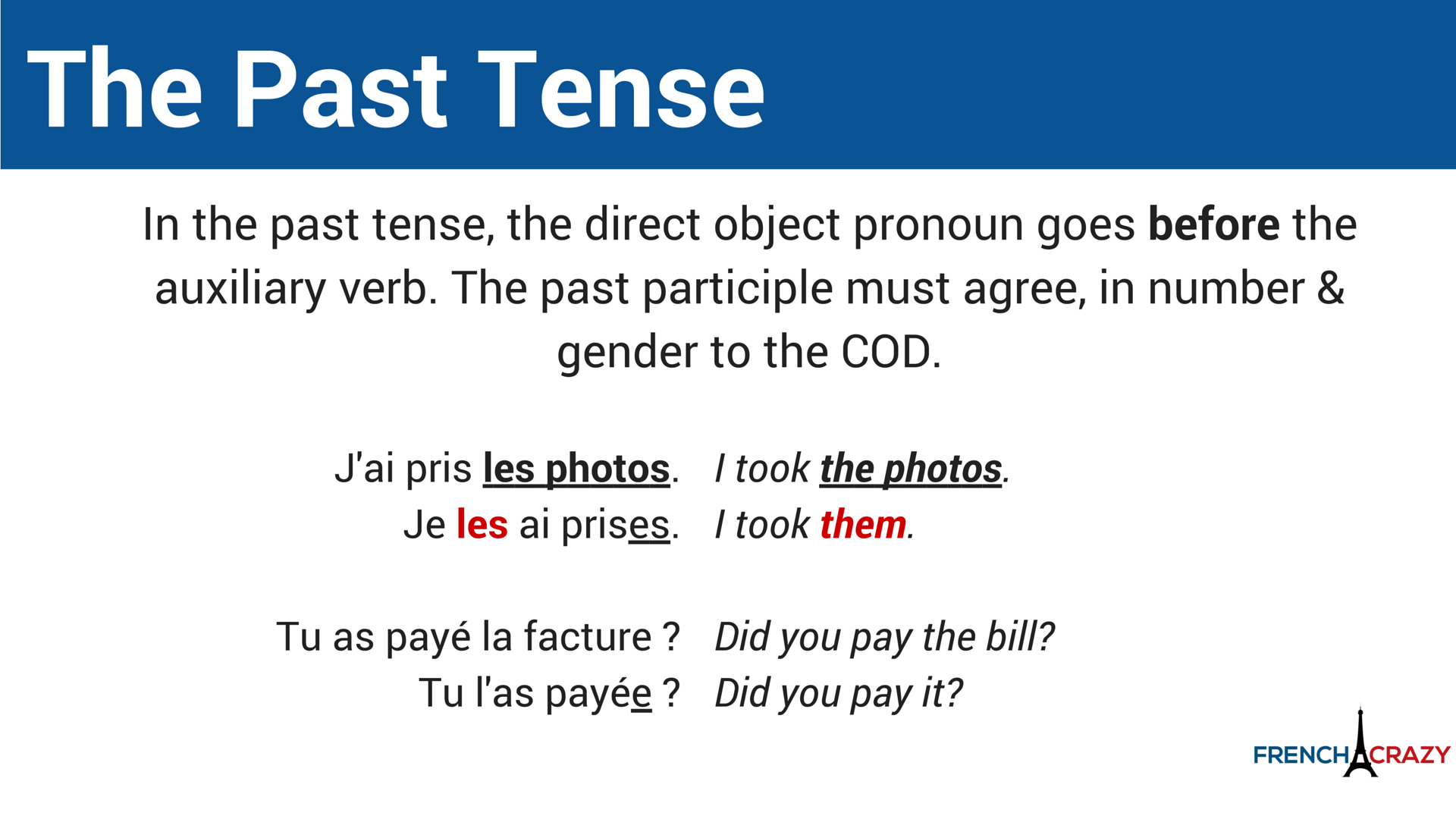 What is a direct object in French examples?