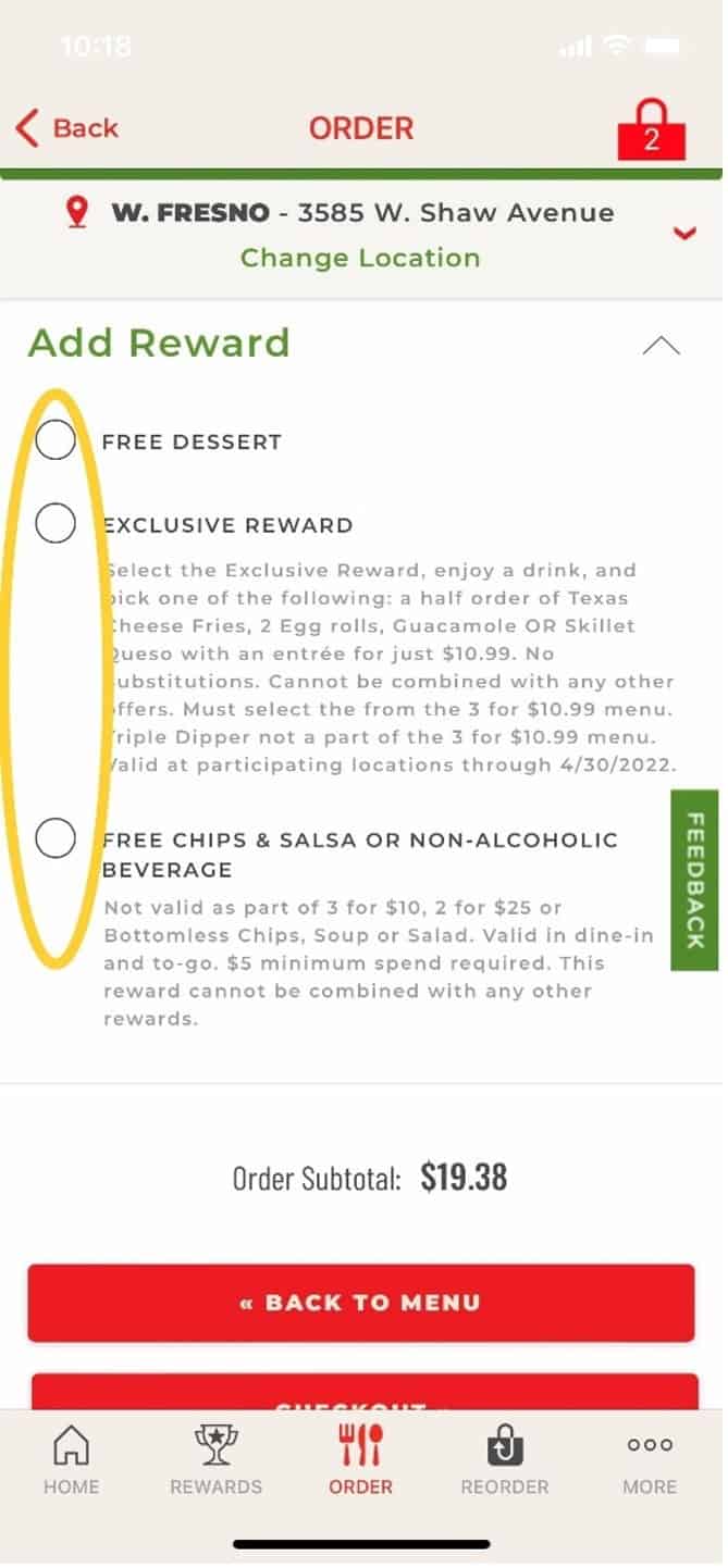 What is exclusive reward at Chili's?