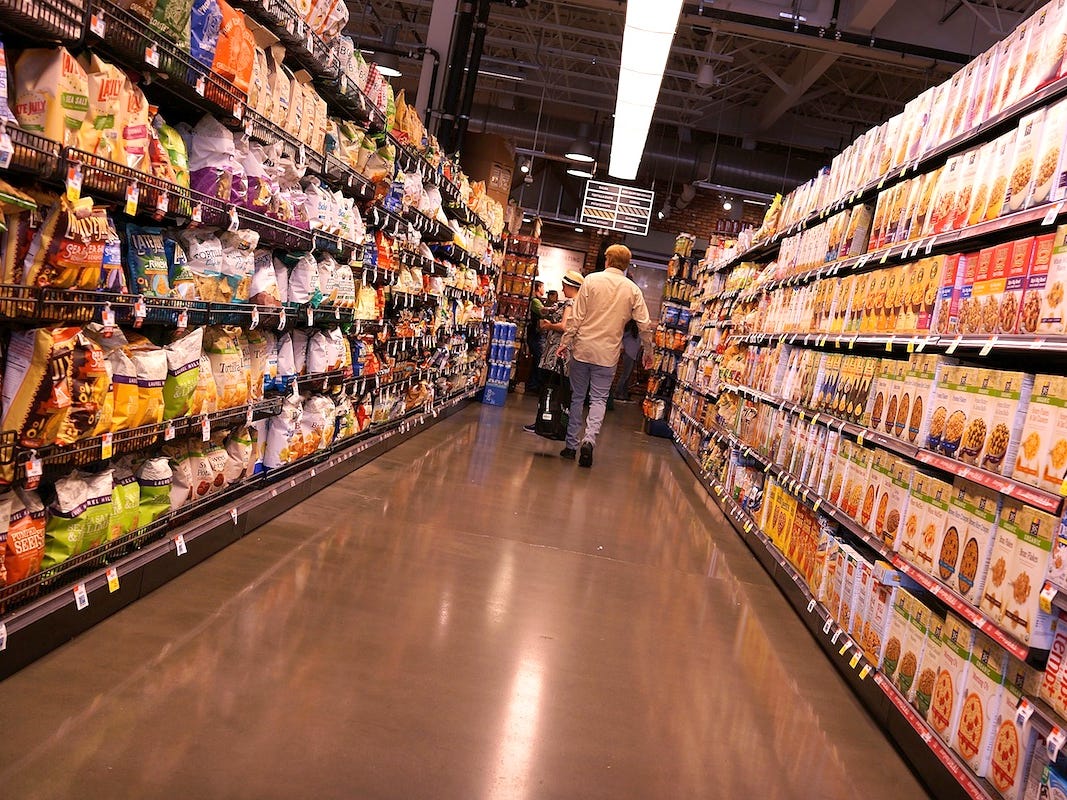 What is in the food aisle in the grocery store?