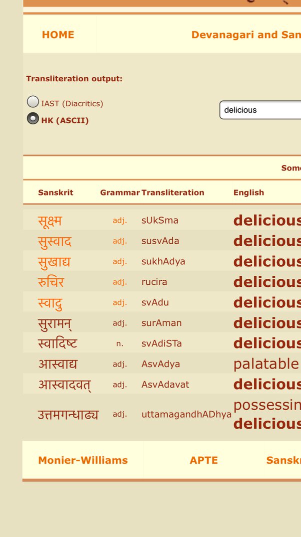 What is tasty food called in Sanskrit?