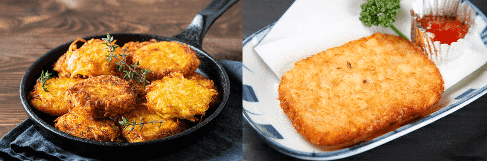 What is the difference between hash browns and potato cakes?