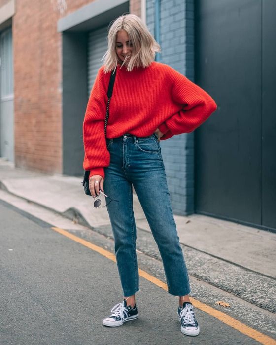 What jeans go with red sweater?