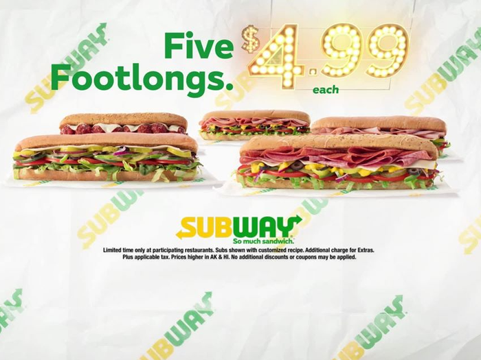 What subs are on the $5 footlong menu at Subway?