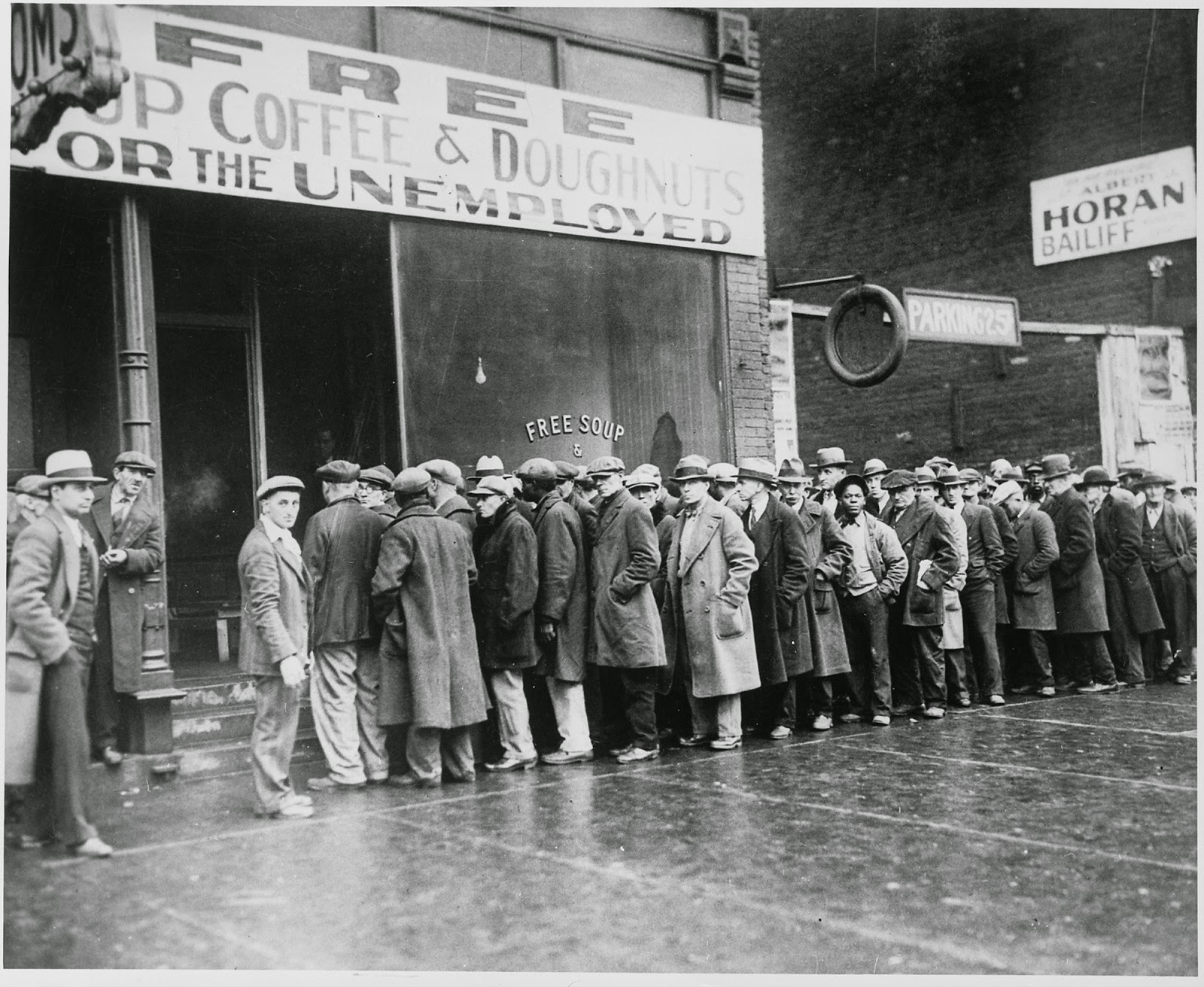 What was the typical free meal served at public kitchens during the Great Depression?