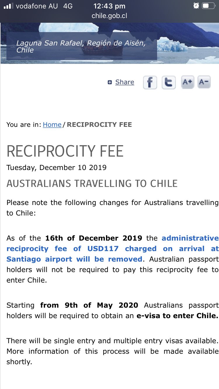 Why do Australians have to pay to enter Chile?